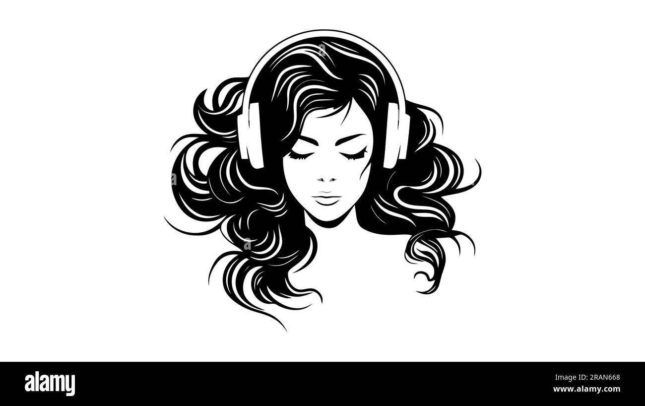 The girl logo. Black silhouette of girl listens to music on headphones ...