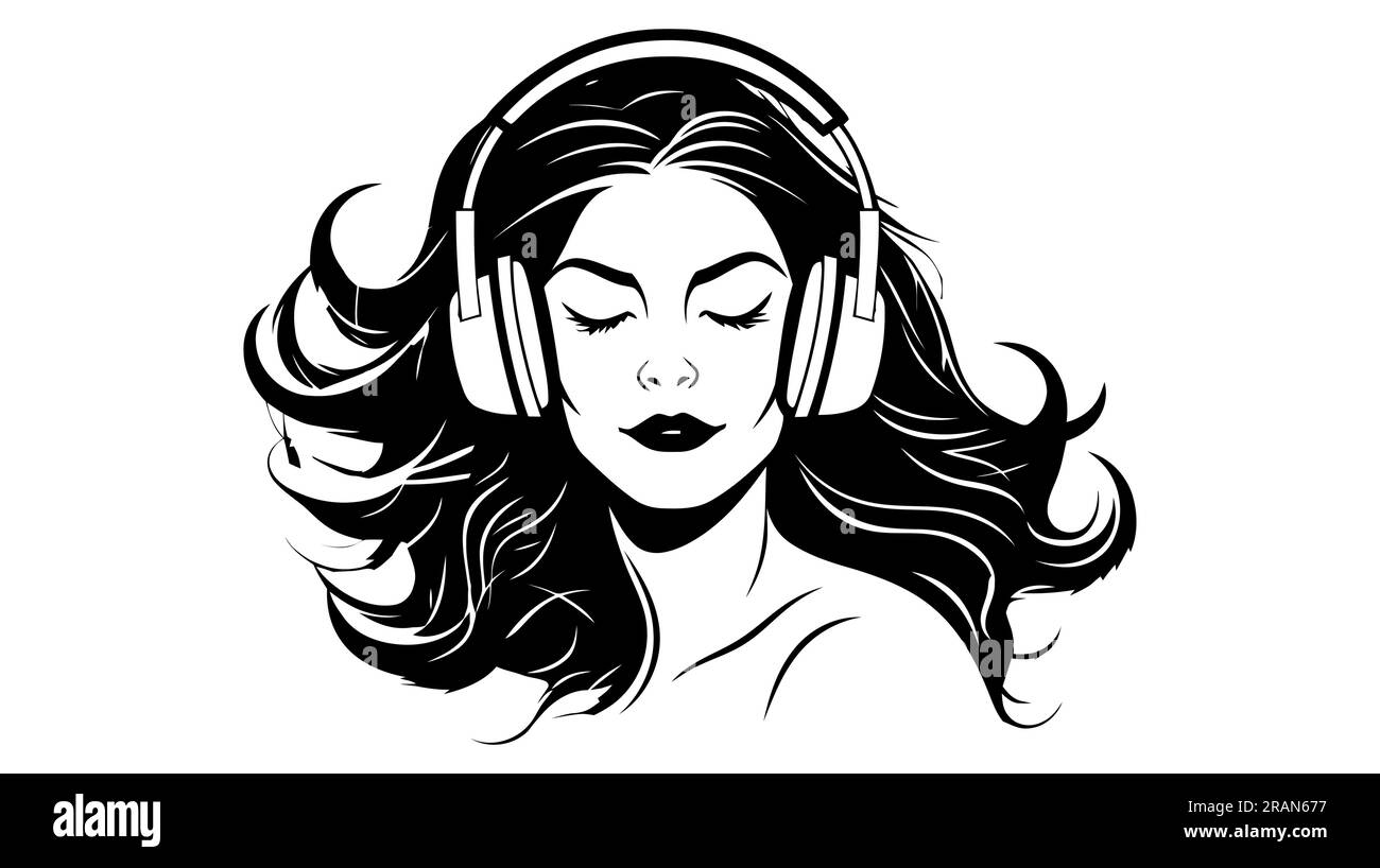 The girl logo. Black silhouette of girl listens to music on headphones ...