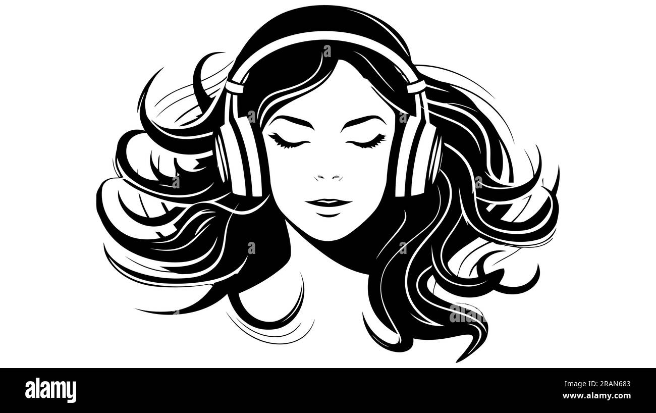 The girl logo. Black silhouette of girl listens to music on headphones ...