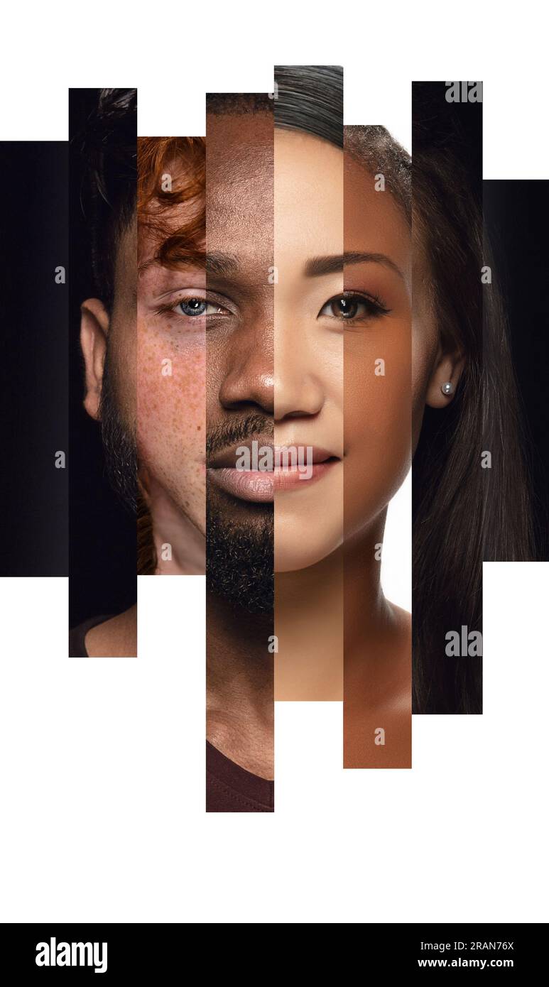 Human face made from different portrait of men and women of diverse age ...