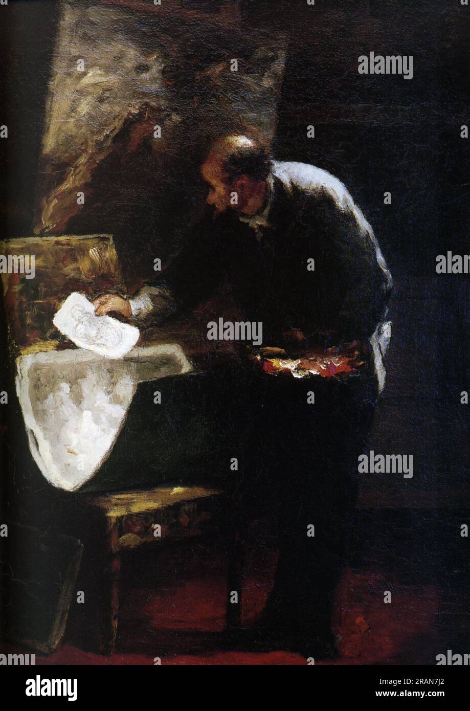 Painter dividing into sheets a paperboard of drawing by Honore Daumier ...