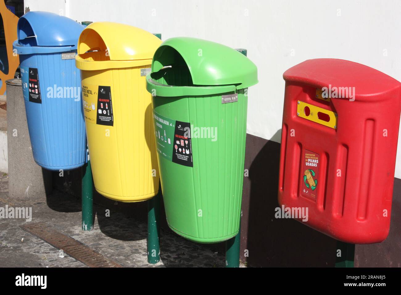 Recycling bins of various colours in Funchal, Madeira, Portugal Stock ...