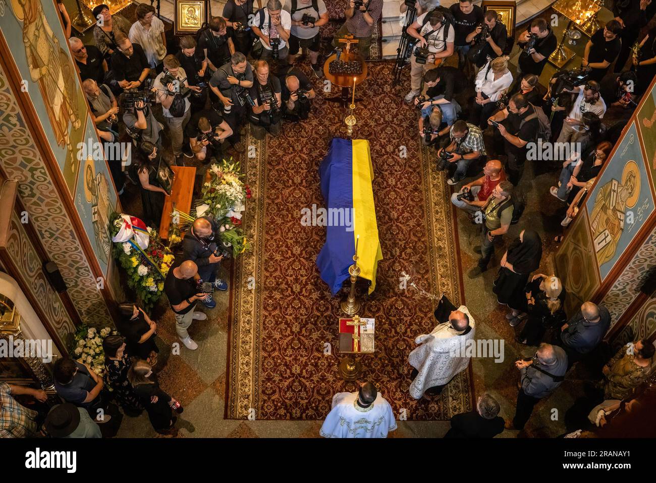 An overhead shot of the memorial service of Ukrainian writer Victoria ...