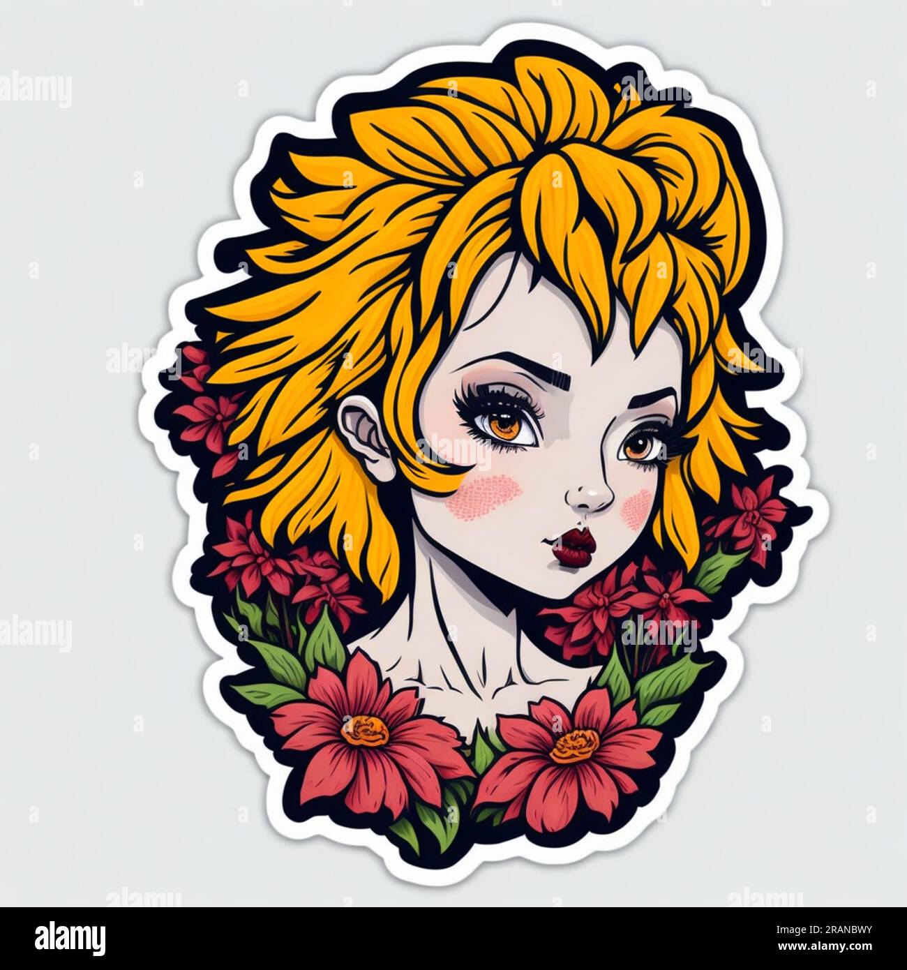 Sticker style illustration of Cyndi Lauper with flowers. Tattoo design ...