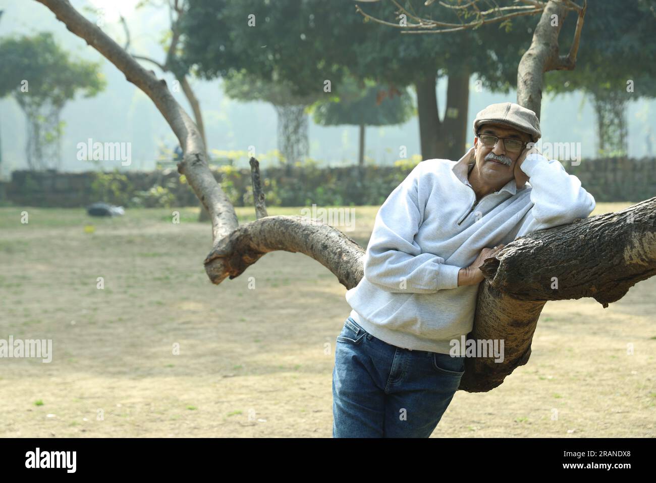Healthy Indian cheerful old man in park standing beside tree having ...