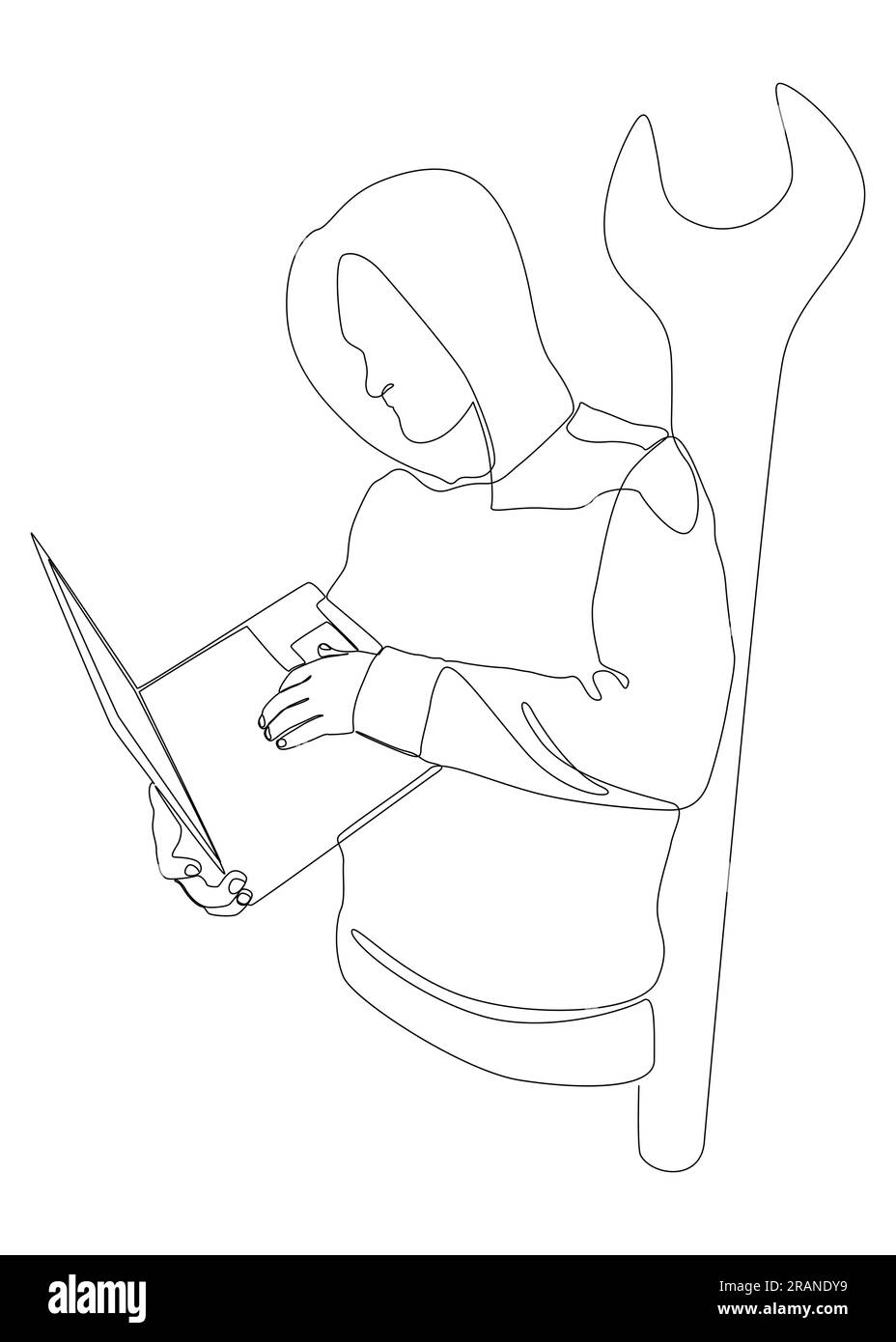 One continuous line of Computer Hacker with Laptop and Wrench. Thin ...