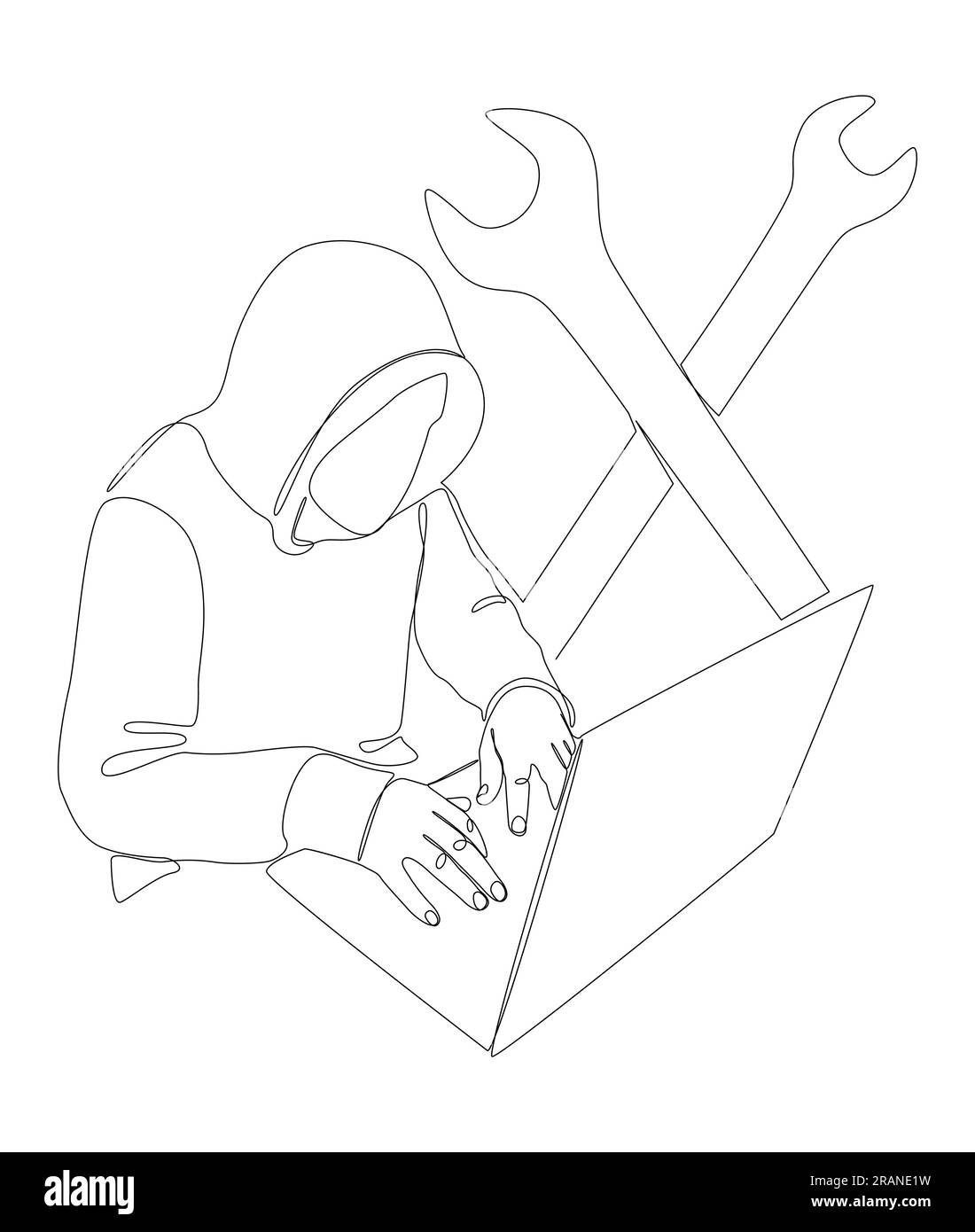One Continuous Line Of Computer Hacker With Laptop And Wrench Thin