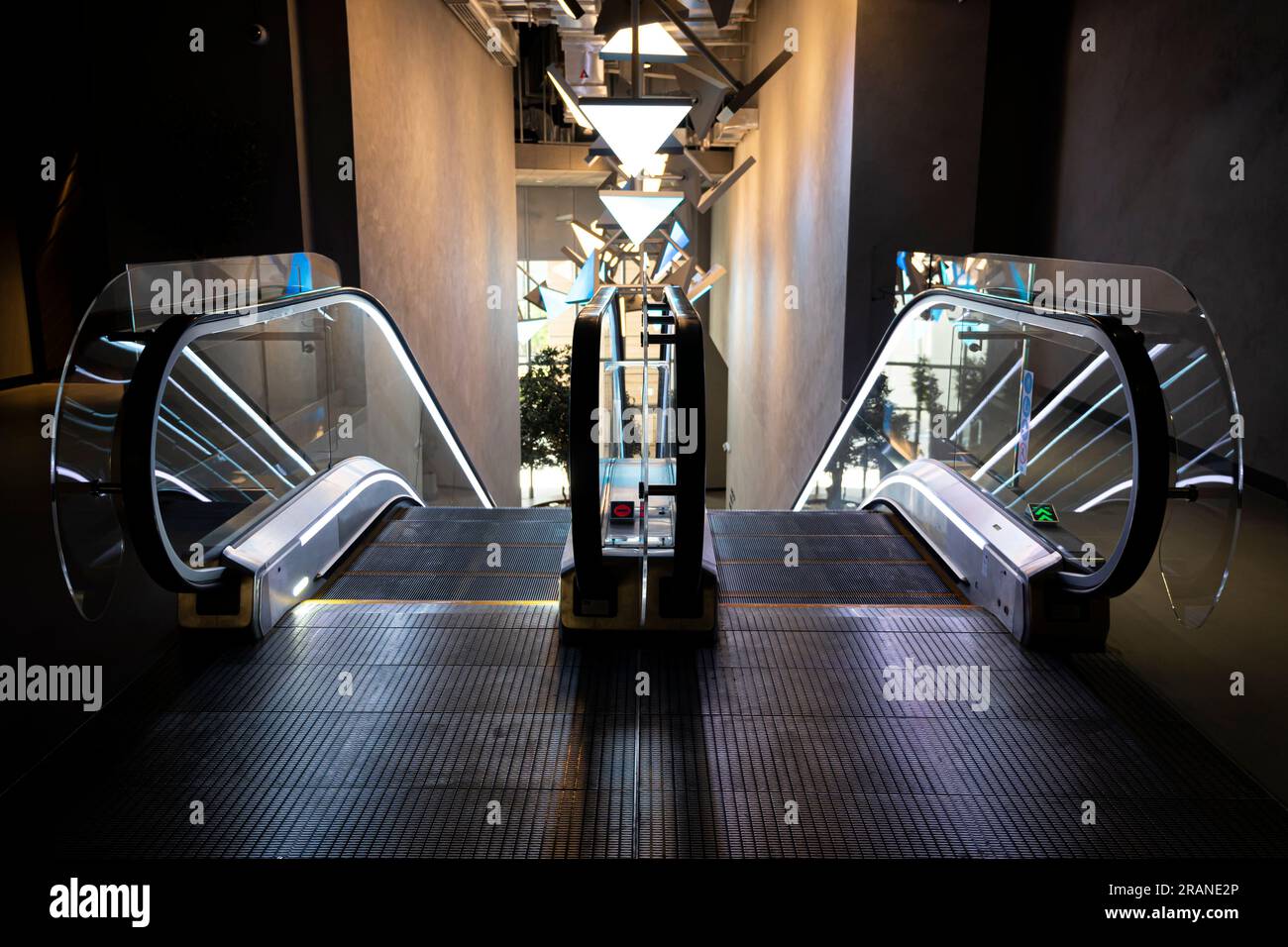 Modern luxury escalator with staircase without people. moving staircase ...