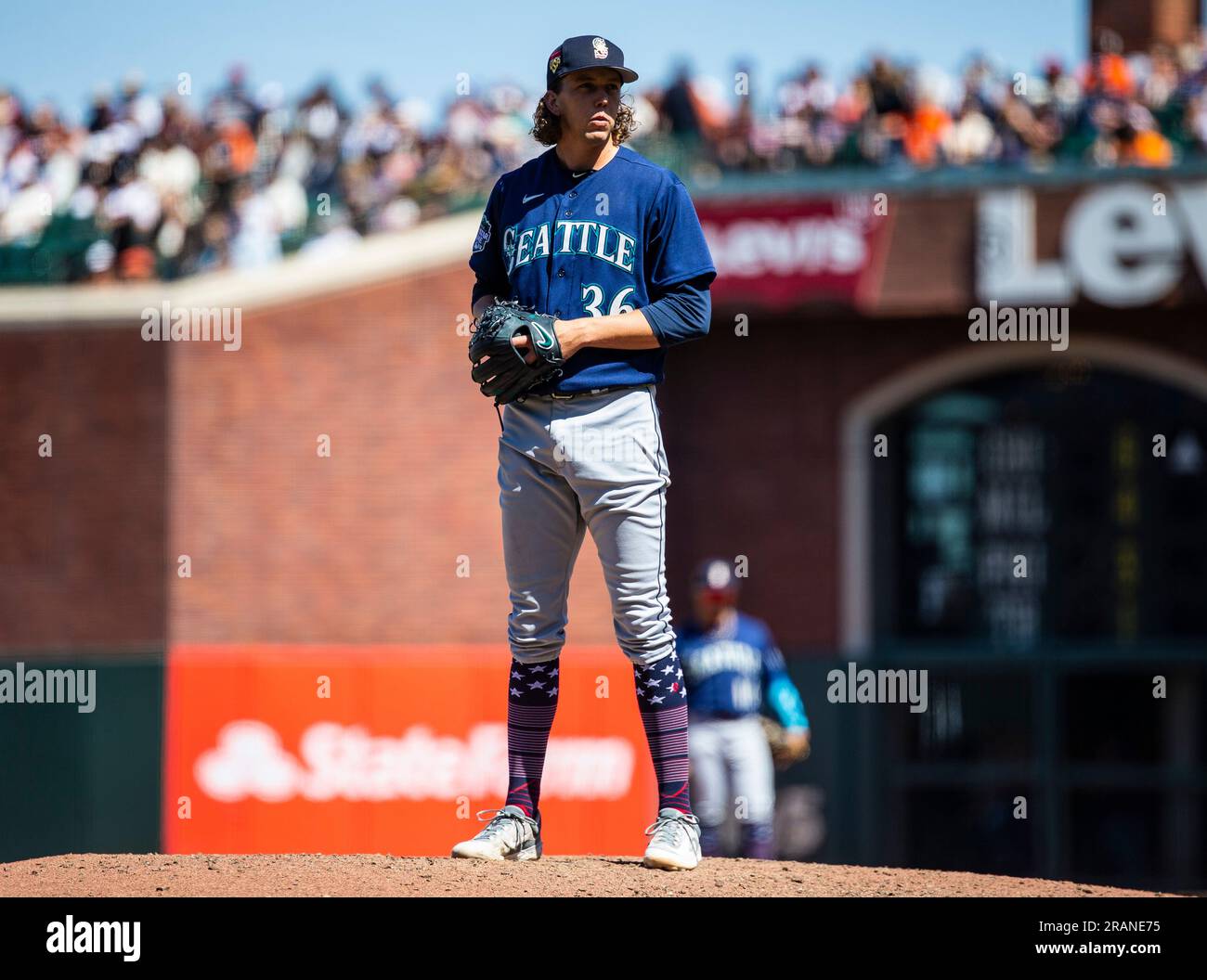 July 04 2023 San Francisco CA, U.S.A. Seattle starting pitcher Logan ...