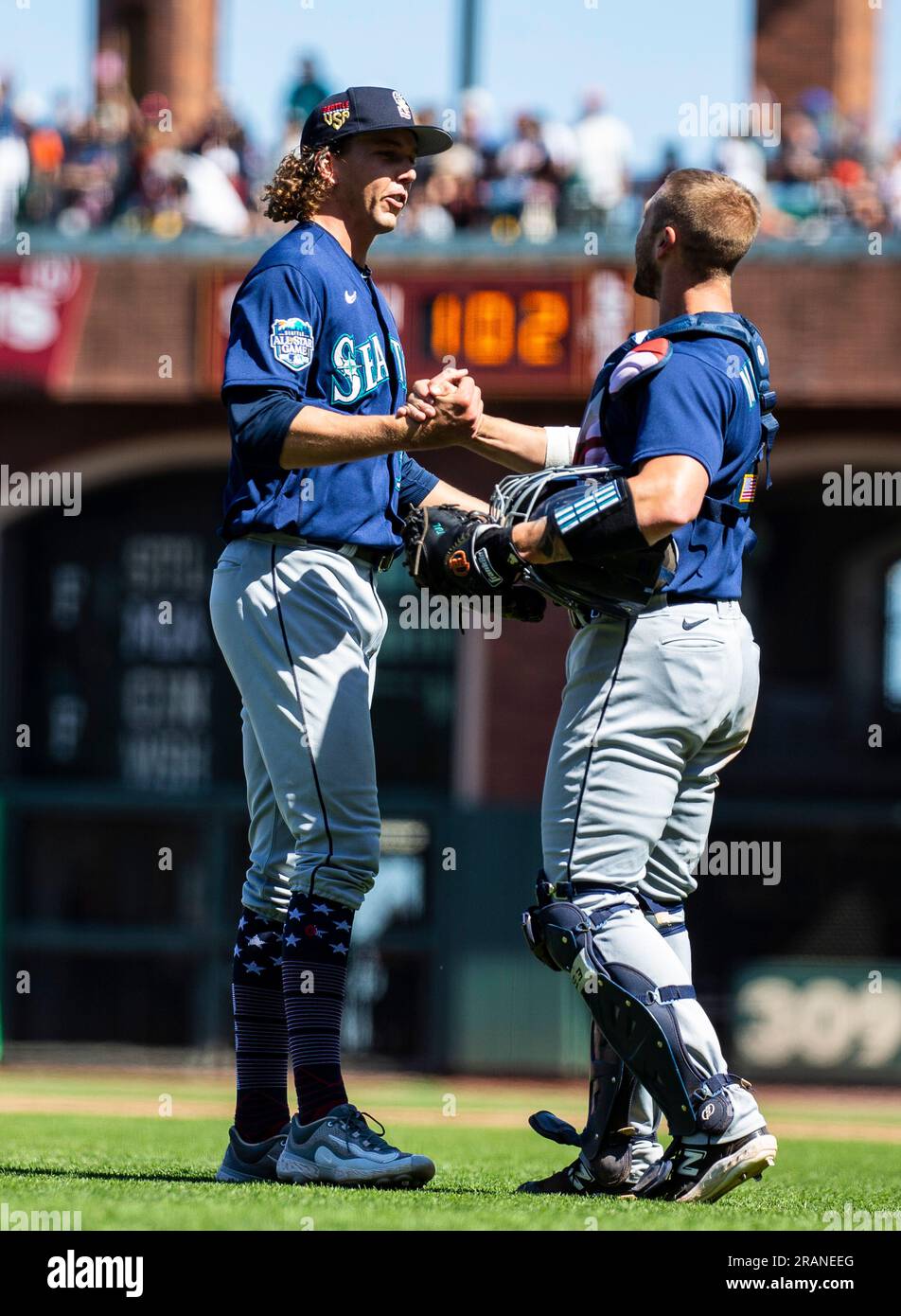 July 04 2023 San Francisco CA, U.S.A. Seattle starting pitcher Logan ...