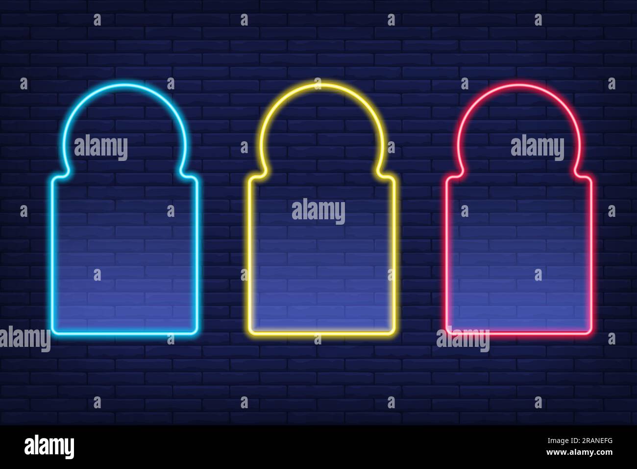 Neon Ramadan islamic frame. Vector arch shapes on dark background ...
