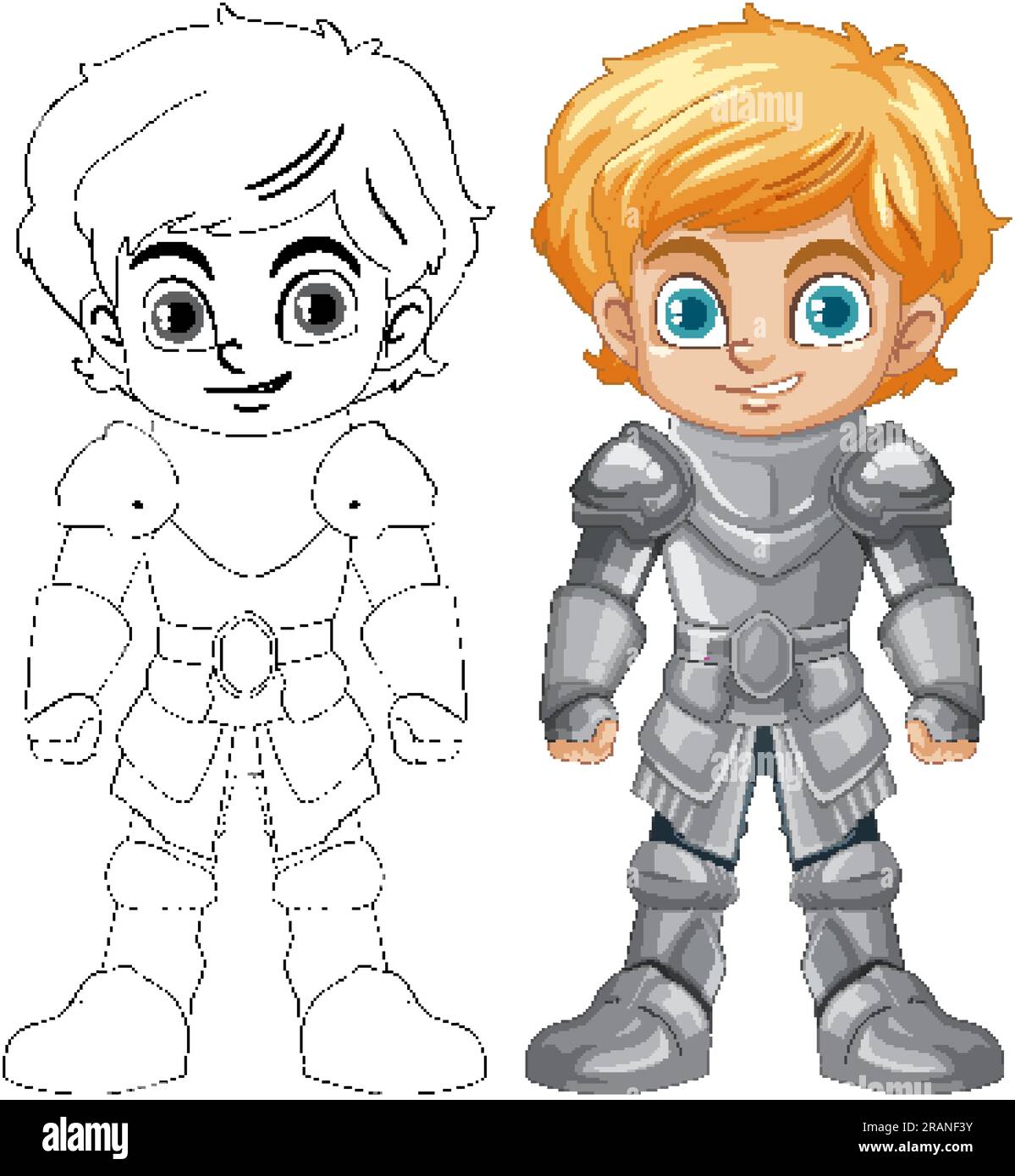 Cartoon knight boy cartoon character with doodle outline for colouring ...