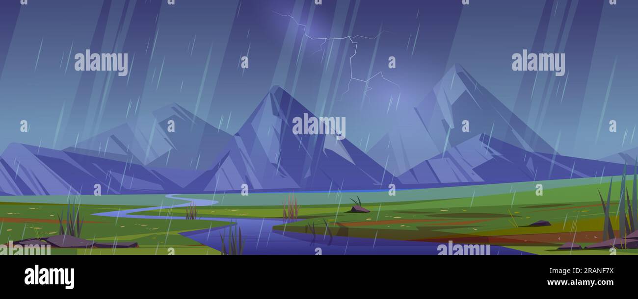 Rainy mountain valley landscape with river. Vector cartoon illustration ...