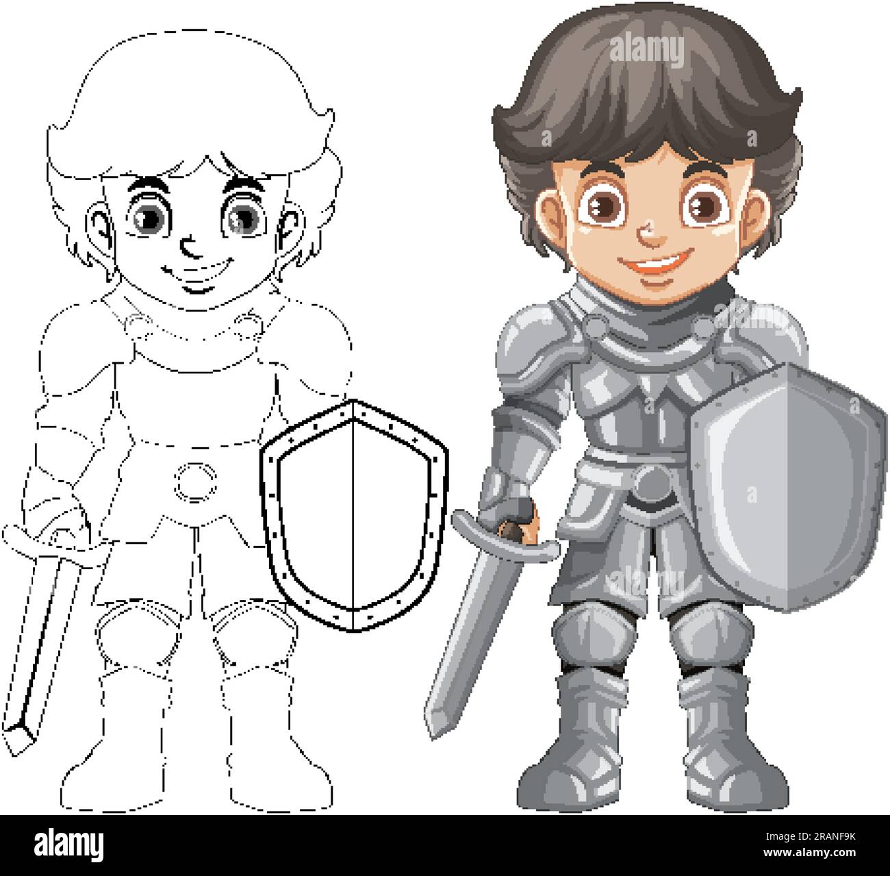 Cartoon knight boy cartoon character with doodle outline for colouring ...