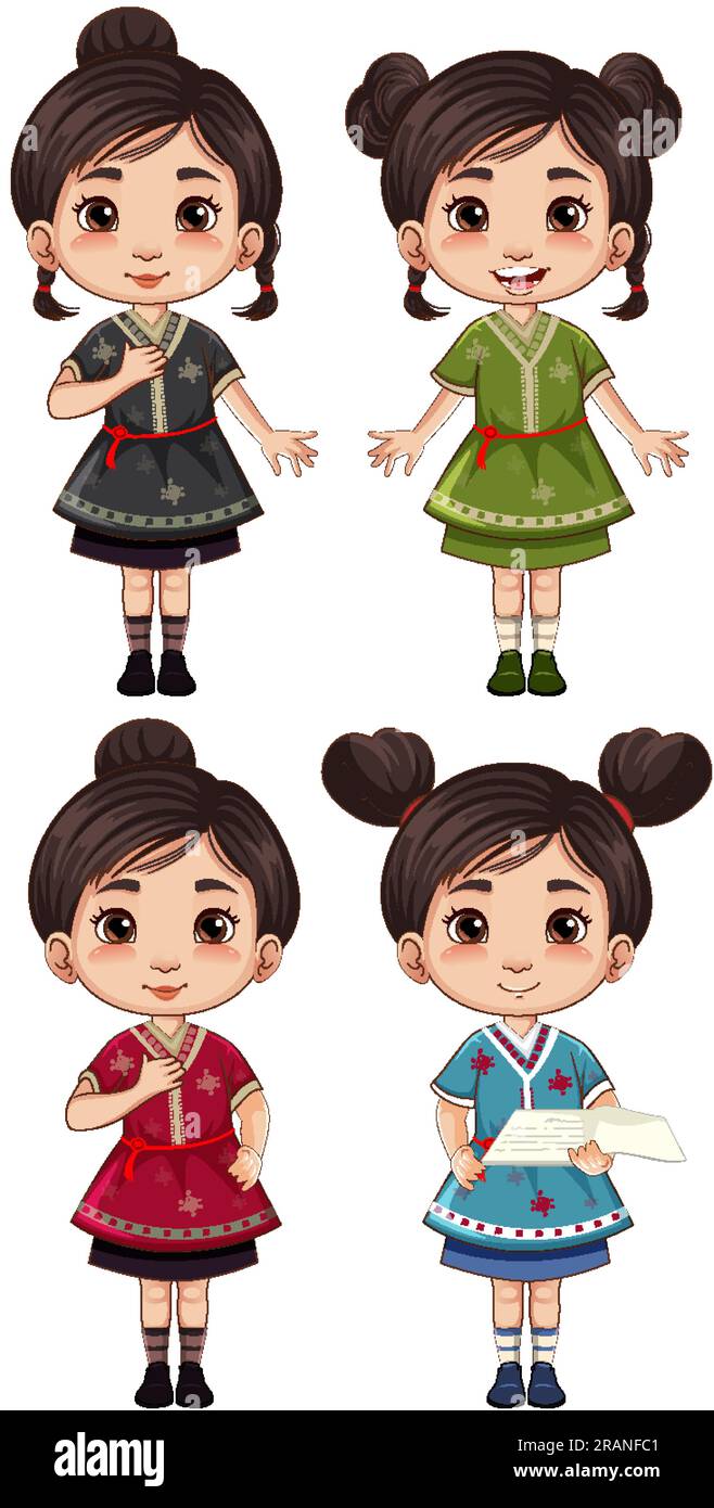 Set of Chinese girl wearing traditional outfit illustration Stock ...