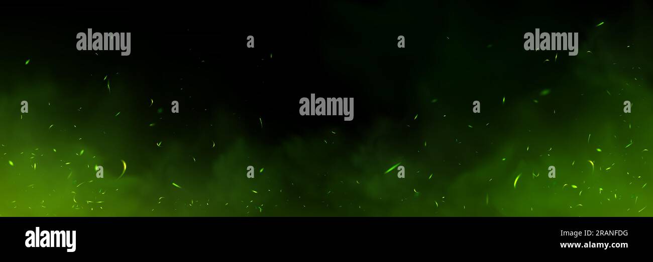 Realistic green smoke with fireflies glowing on black background ...