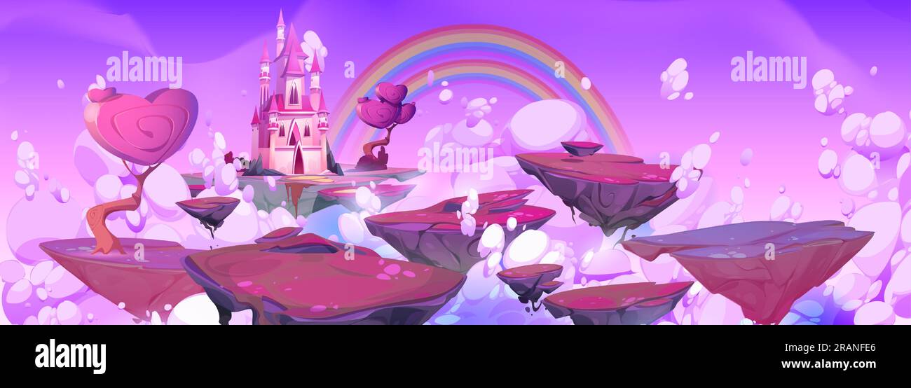 Purple fantasy sky with floating island and magic castle cartoon ...