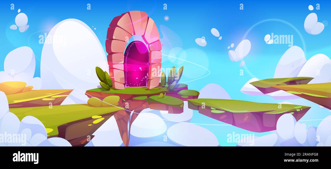 Game pink magic portal on floating island in sky cartoon vector ...