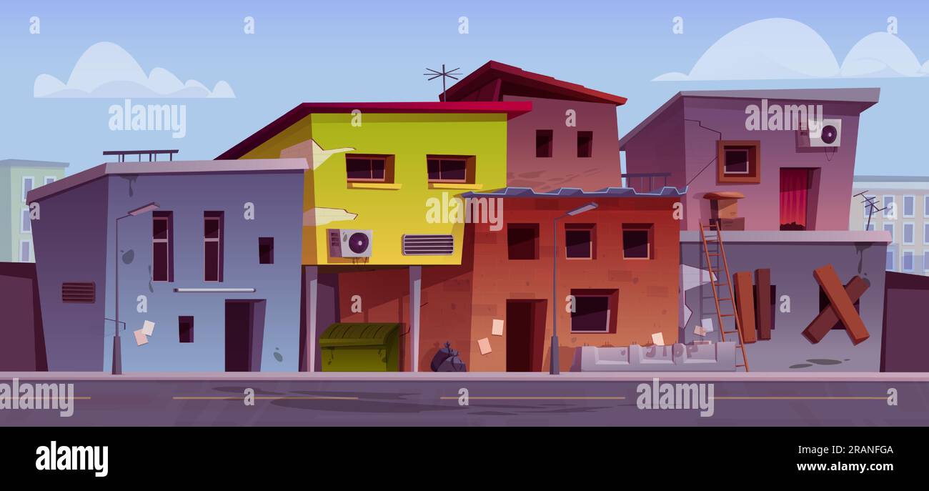 Poor abandoned houses in ghetto district. Vector cartoon illustration ...