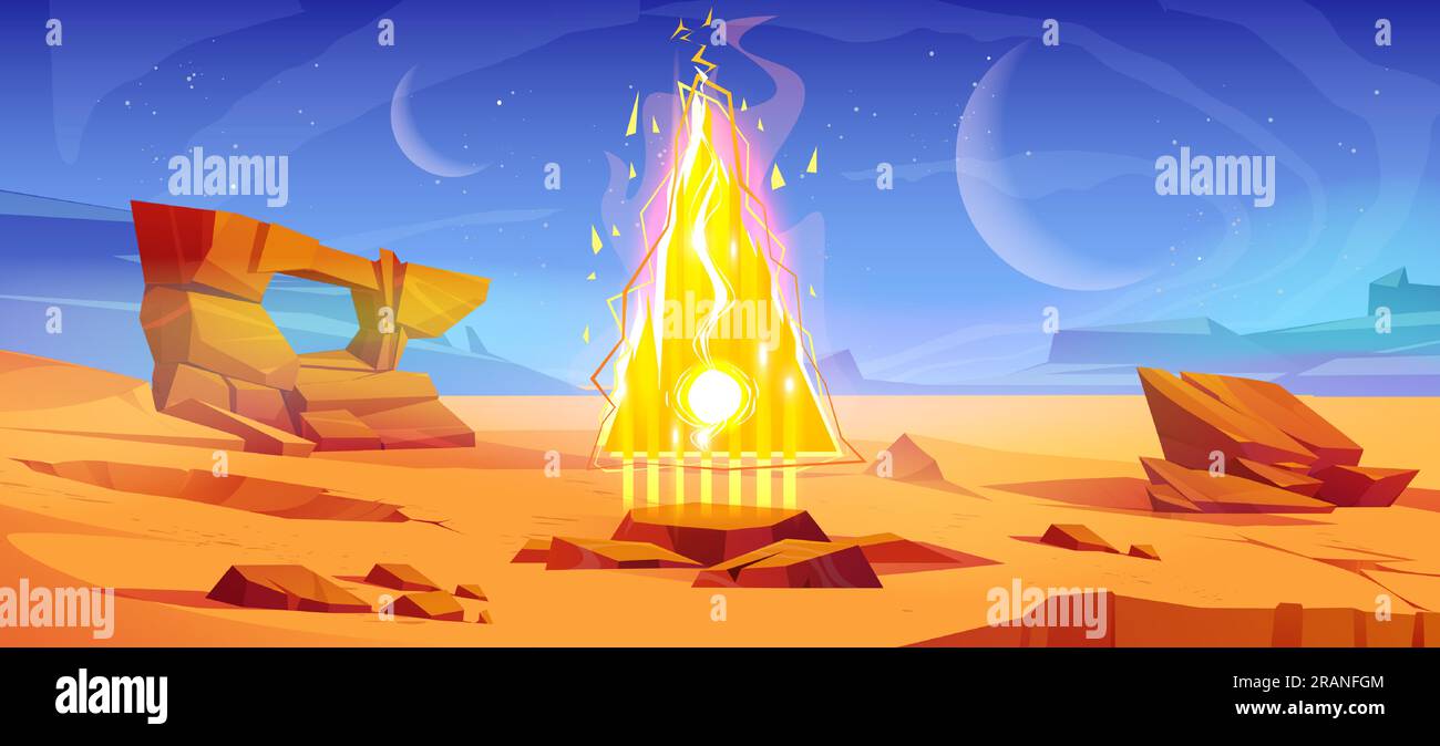 Space desert with magic portal. Vector cartoon illustration of alien ...