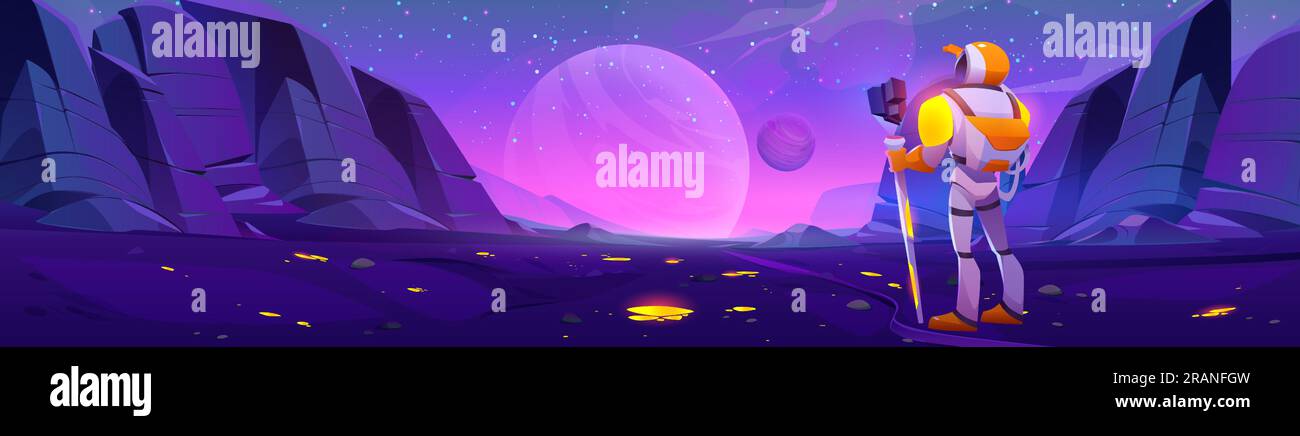 Astronaut standing on alien planet surface. Vector cartoon illustration ...