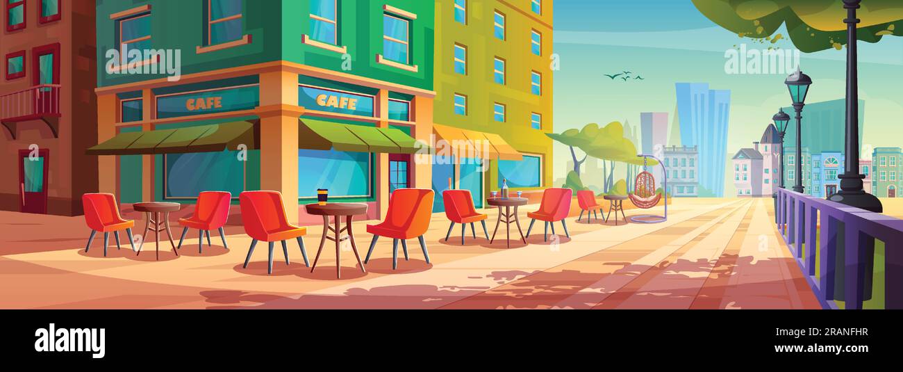 Outdoor city street summer cafe exterior cartoon vector illustration ...