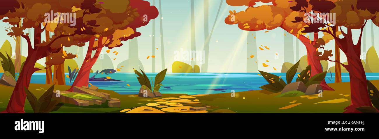 Autumn forest landscape with lake. Vector cartoon illustration of ...