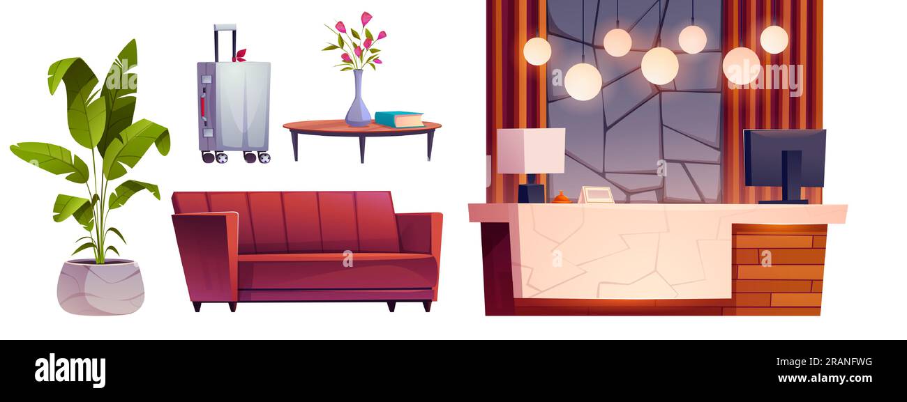 Cartoon set of hotel lobby design elements isolated on white background ...