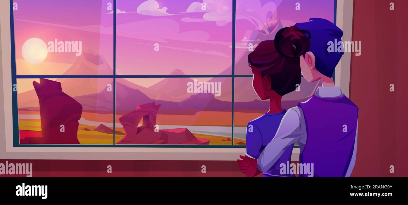 Couple in love looking at romantic sunset through window. Vector ...