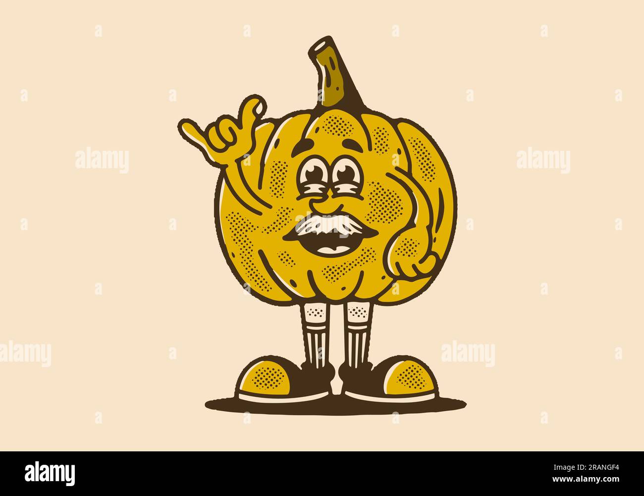 Yellow pumpkin mascot character with old face, in vintage style drawing ...