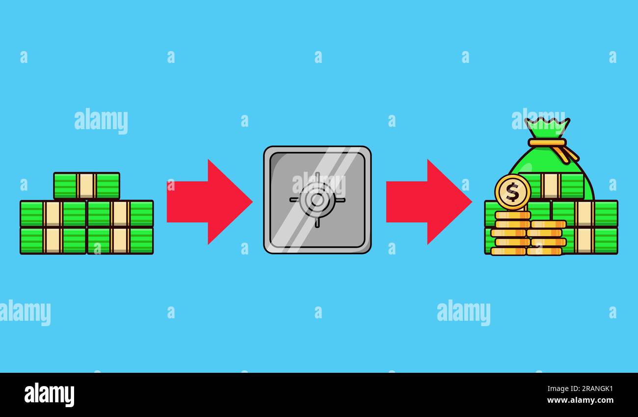 vector illustration of investment stages with money, bank safe and red ...