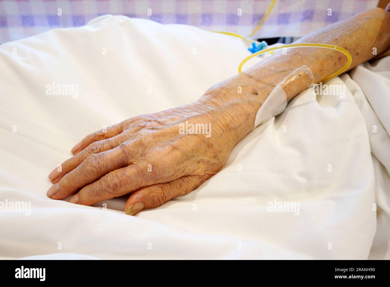 Closeup of elderly patient hand with intravenous drip at the hospital ...