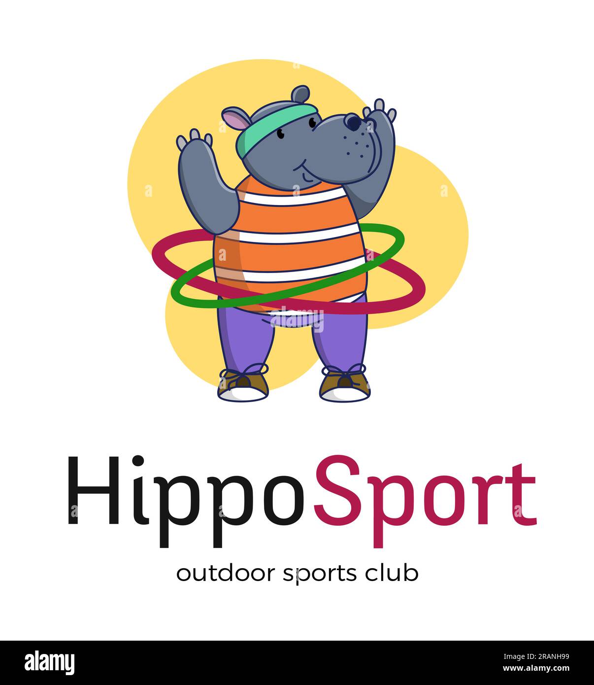 Logo with hippopotamus. Hippos spin hula hoops. Cute animal. Vector ...