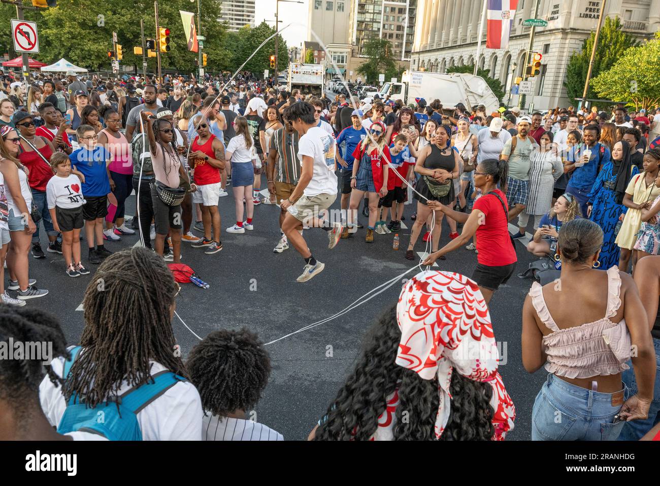 Philadelphia, Pa, USA 4 July, 2023 - Fourth of July festival goers wait ...
