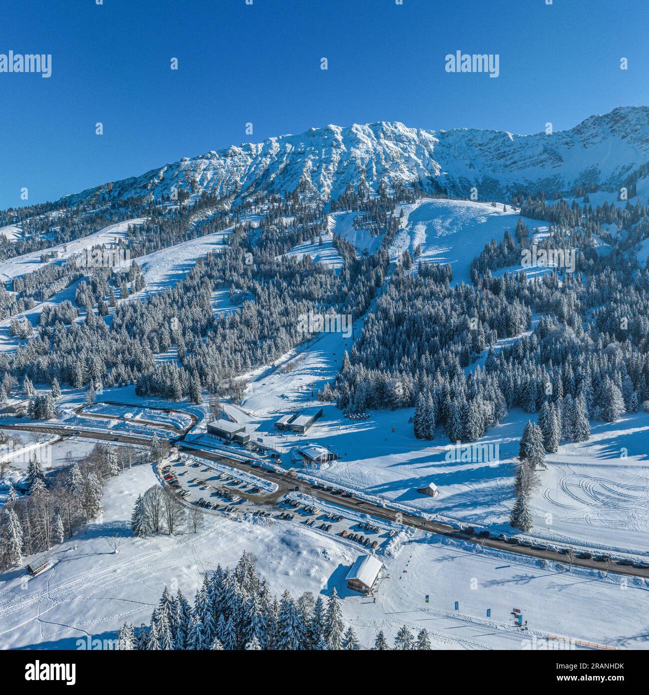 Aerial view to the marvellous ski resort of Bad Hindelang-Oberjoch on a ...