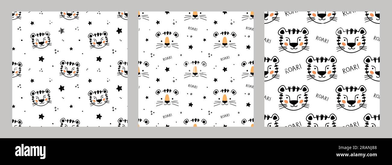 Hand drawn Little Tiger in doodle style for designing baby clothes. Set ...