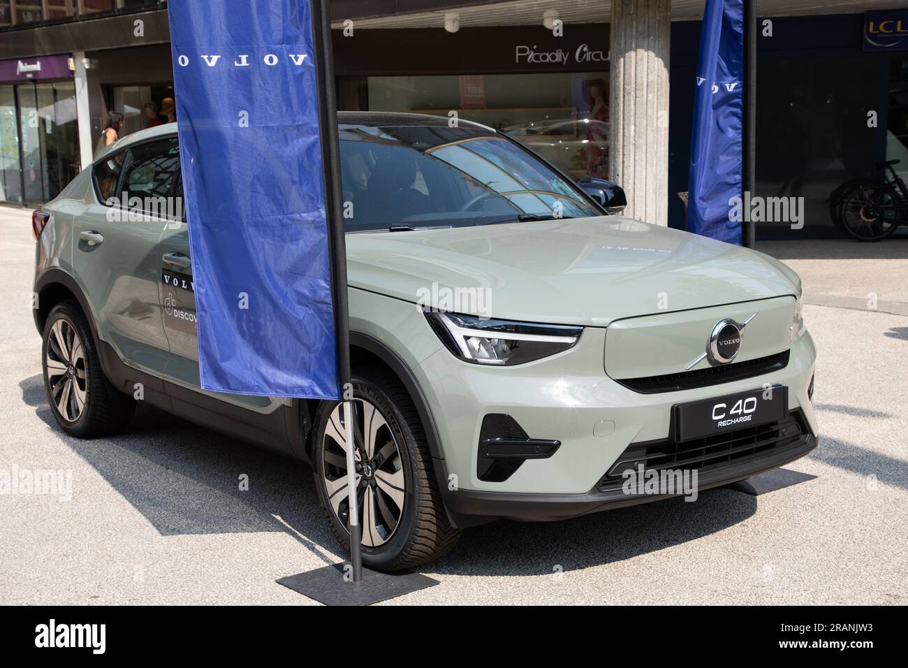 annecy , France - 07 01 2023 : Volvo c 40 EV electric car event sign ...