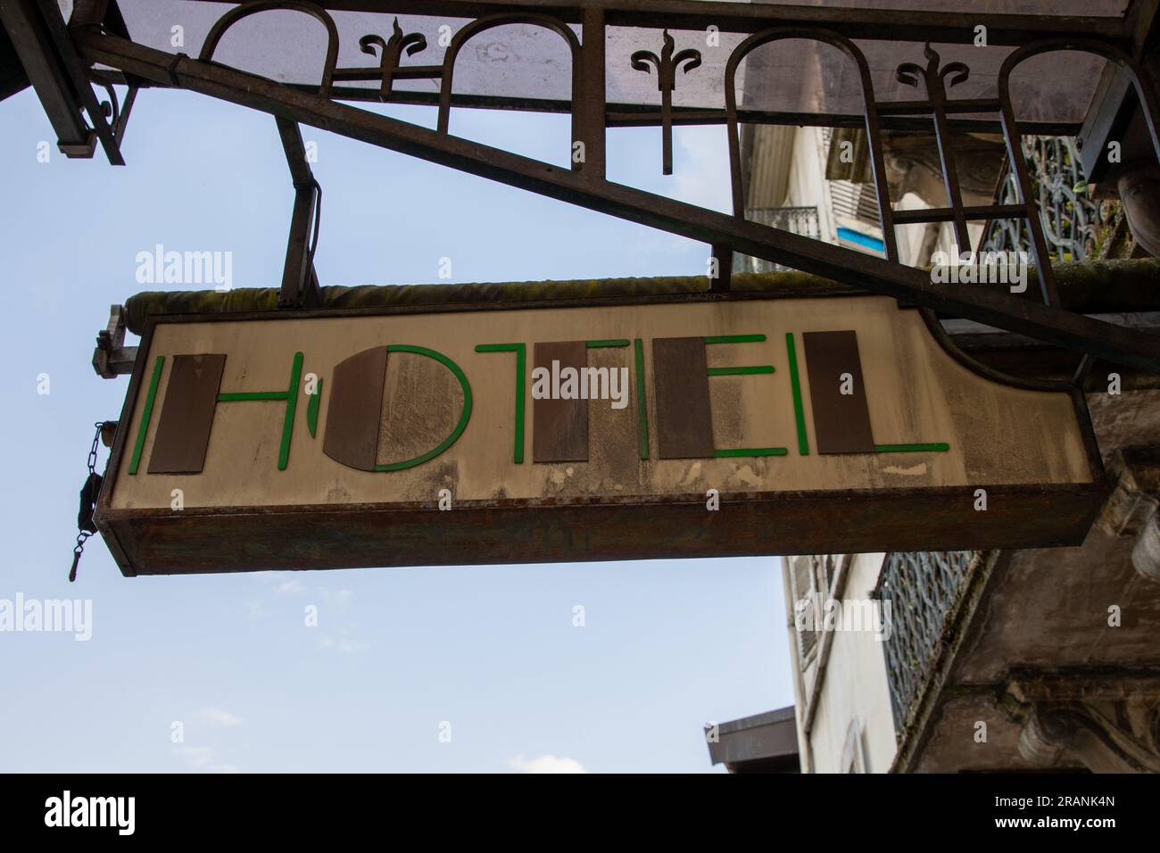 Hotel old ancient sign text vintage in wall building facade in tourist ...