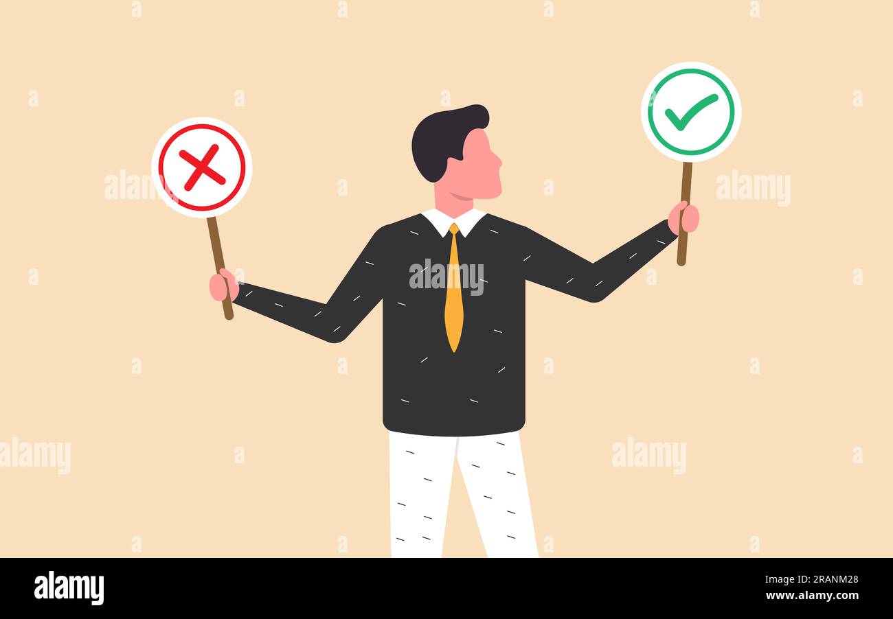 Thoughtful Businessman Holds Right Or Wrong Options Illustrating Moral
