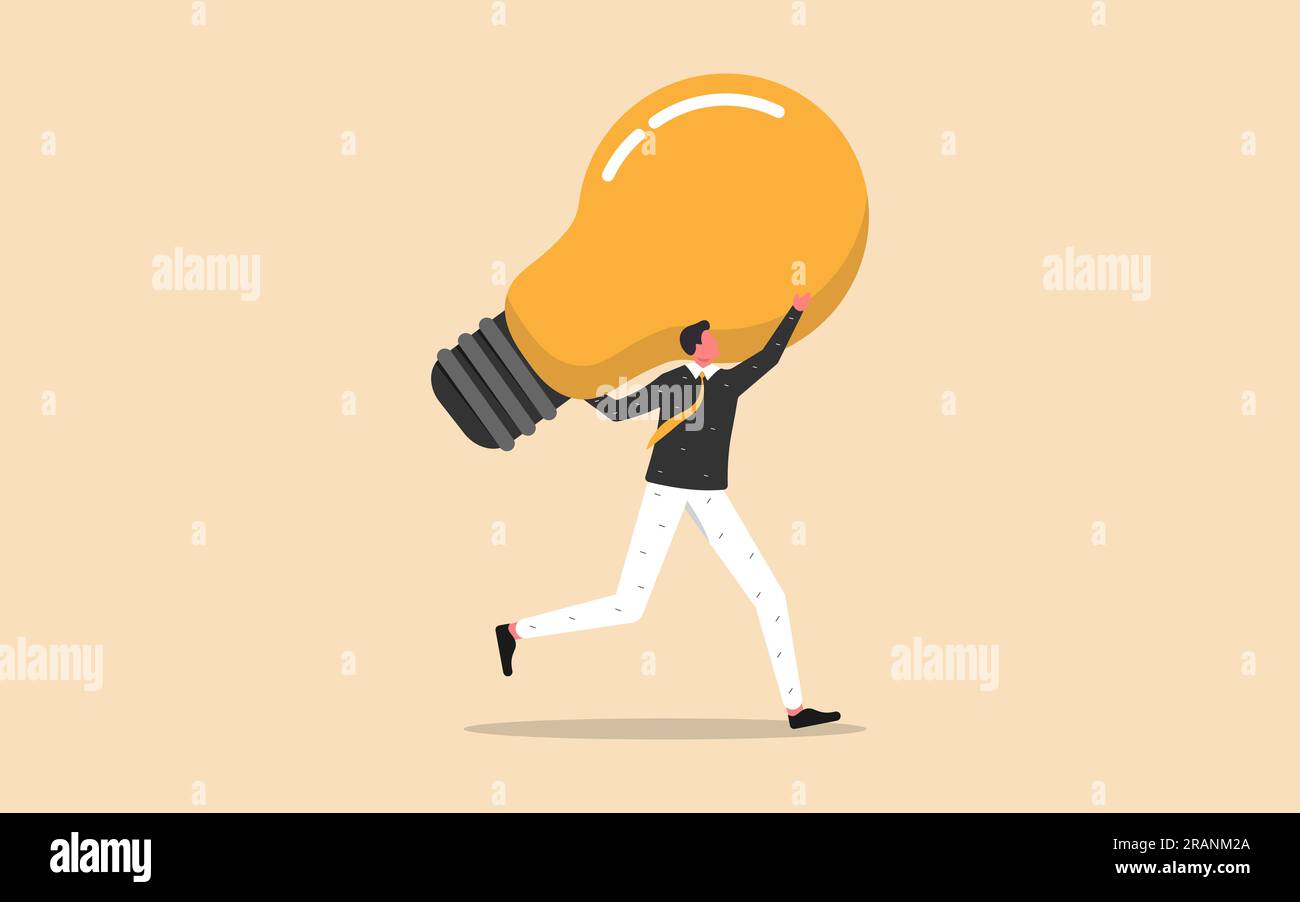 Businessman running carrying a heavy big bulb burden, flat vector ...