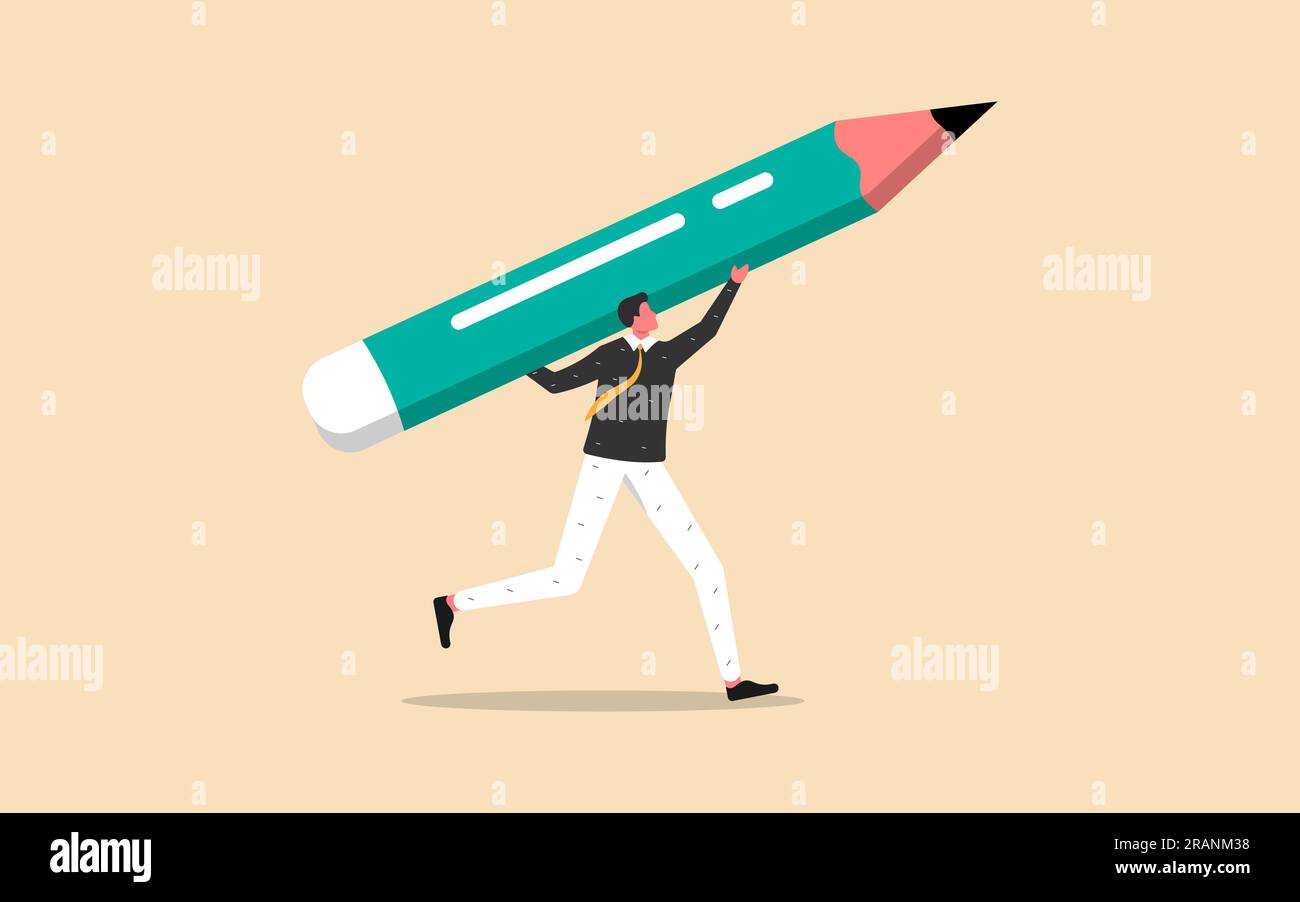 Businessman running carrying a heavy big pencil burden, flat vector ...