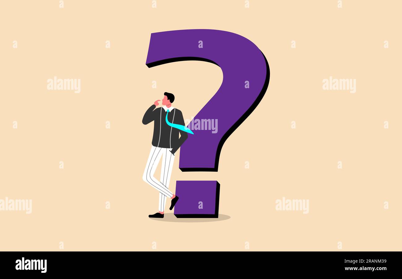 Doubtful businessman contemplates, seeking answers with a big question ...