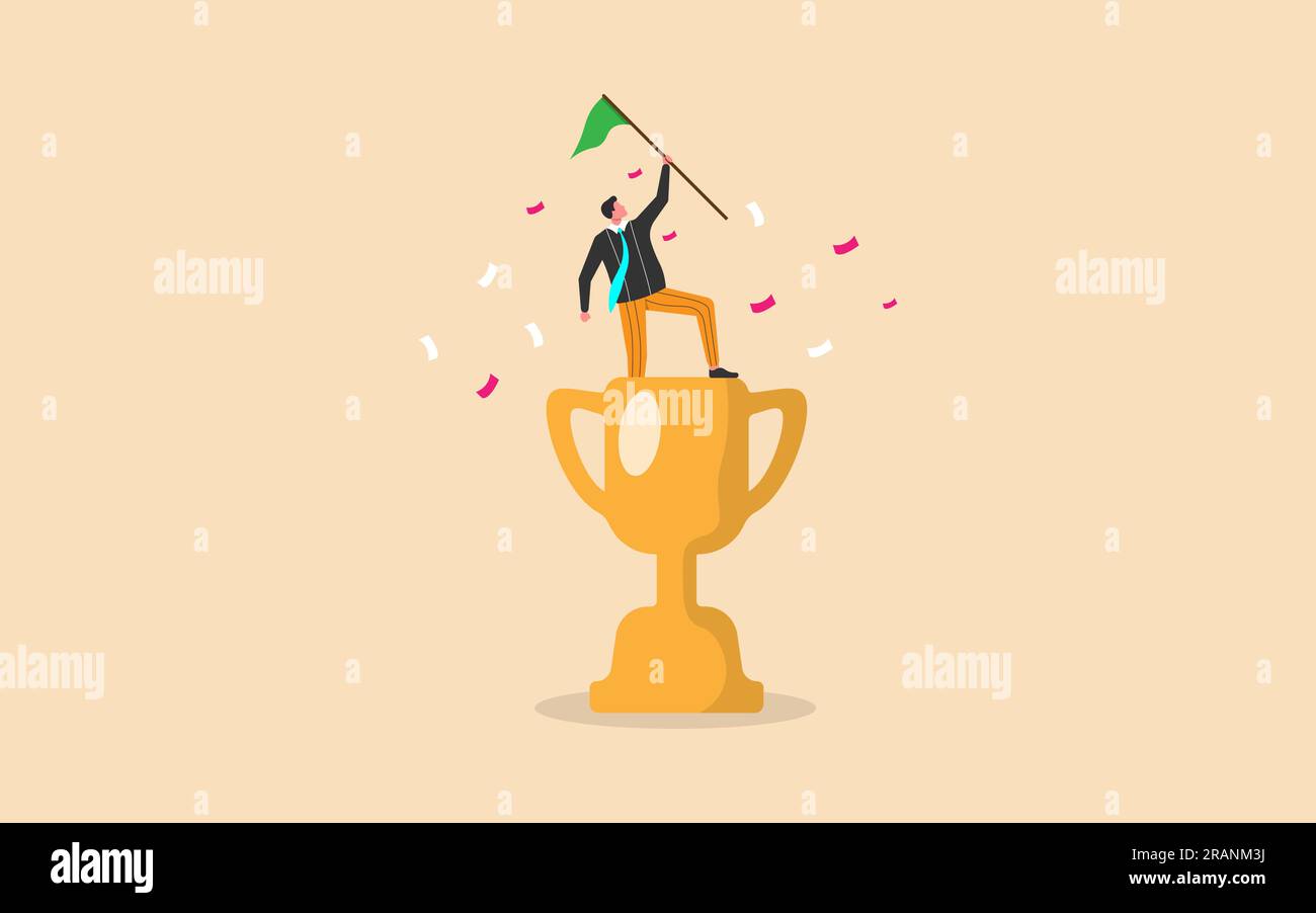 Victory or business achievement, cheerful businessman winner raising flag on winning trophy ...