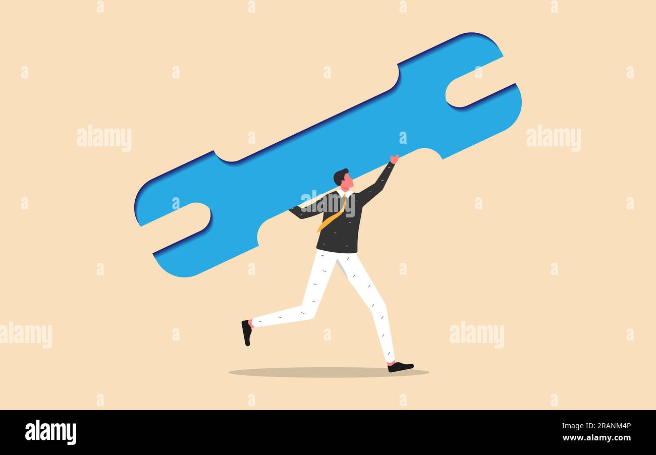 Businessman running carrying a heavy big wrench burden, flat vector ...