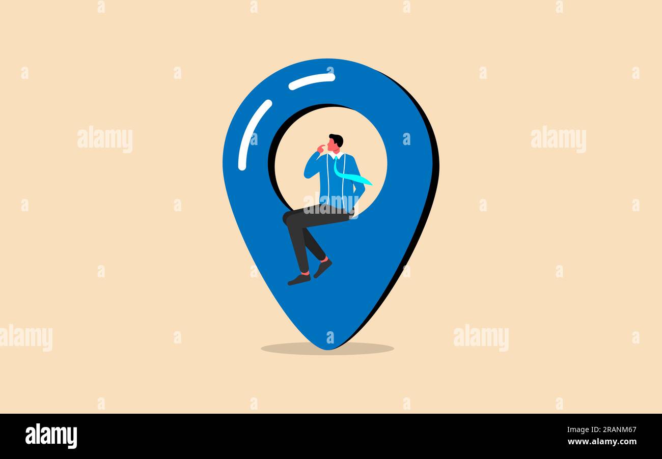 Thoughtful businessman sitting on a location icon, location tracking ...