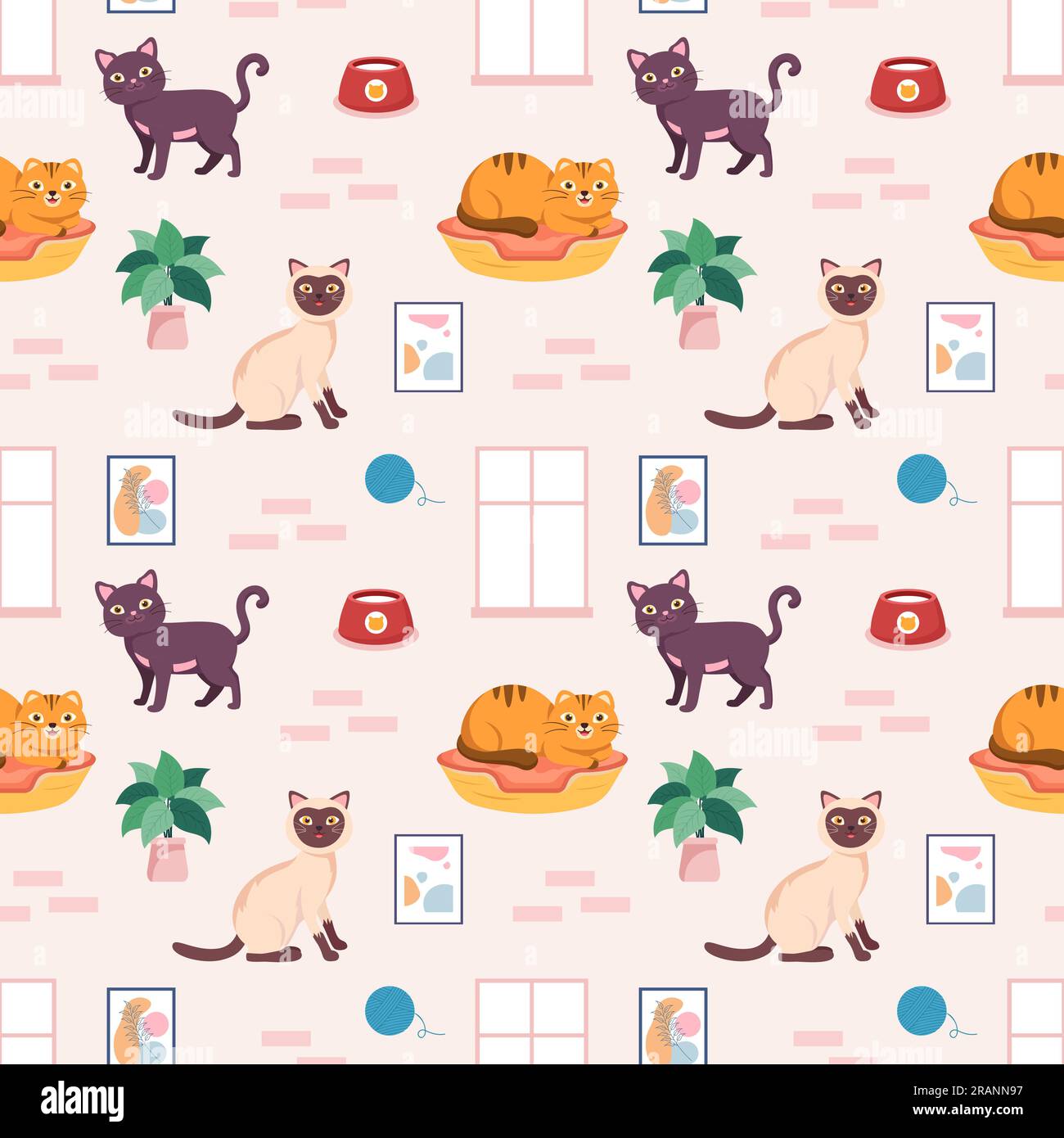 Cats Animals Seamless Pattern Design with Cat Element in Template Hand ...