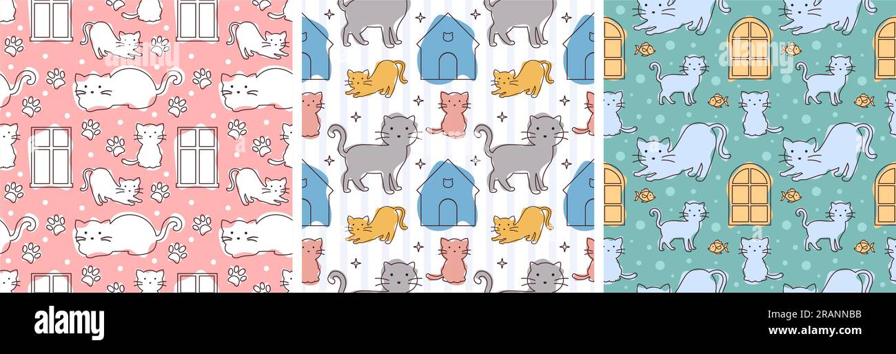 Set of Cats Animals Seamless Pattern Design with Cat Element in ...
