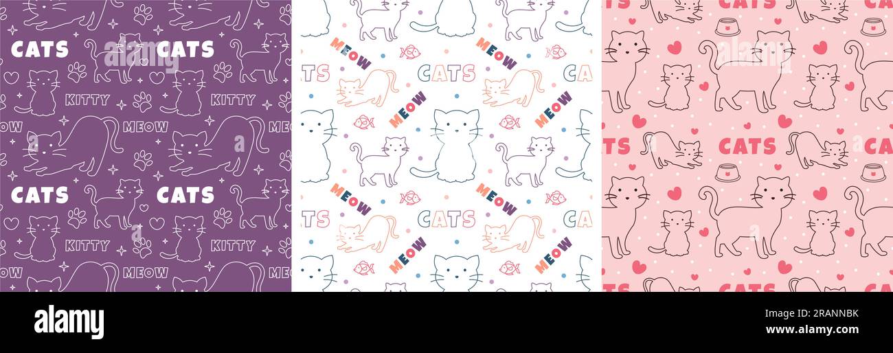 Set of Cats Animals Seamless Pattern Design with Cat Element in ...