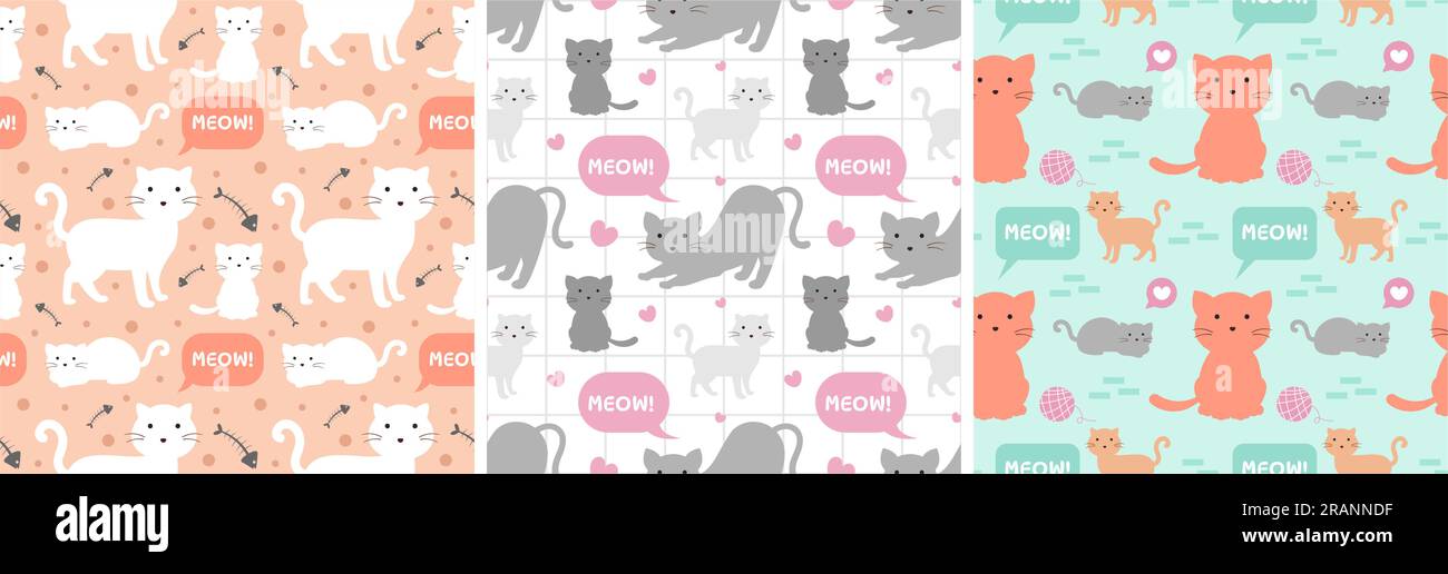 Set of Cats Animals Seamless Pattern Design with Cat Element in ...