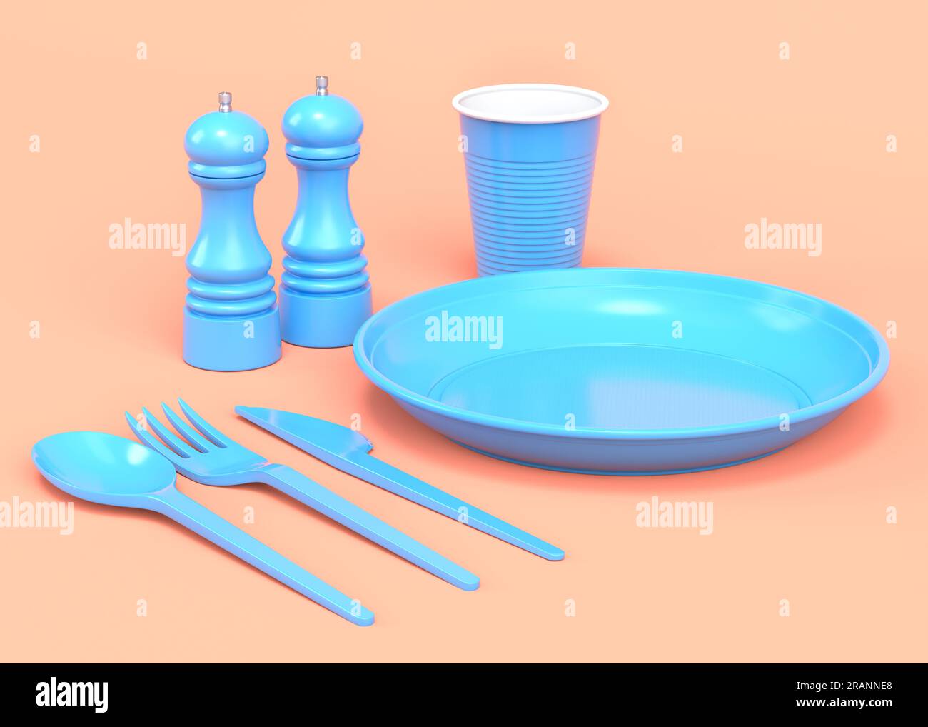 Set of disposable utensils like plate, folk, spoon,knife, cup and ...